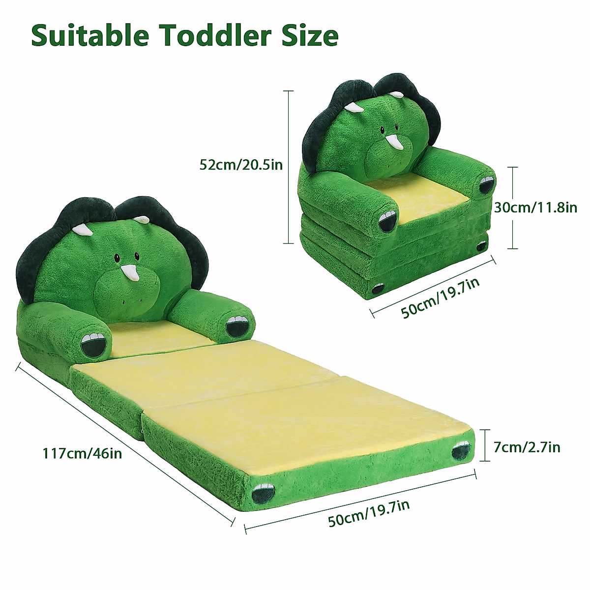 Foldable Kids Couch Toddler Backrest Armchair 2 In 1 Flip Open Sofa Bed for Chidren, Cartoon Comfy Soft Kids Chair, Steady Lightweight Toddlers Sofa Bed for Bedroom Livingroom Playroom Dinosaurs