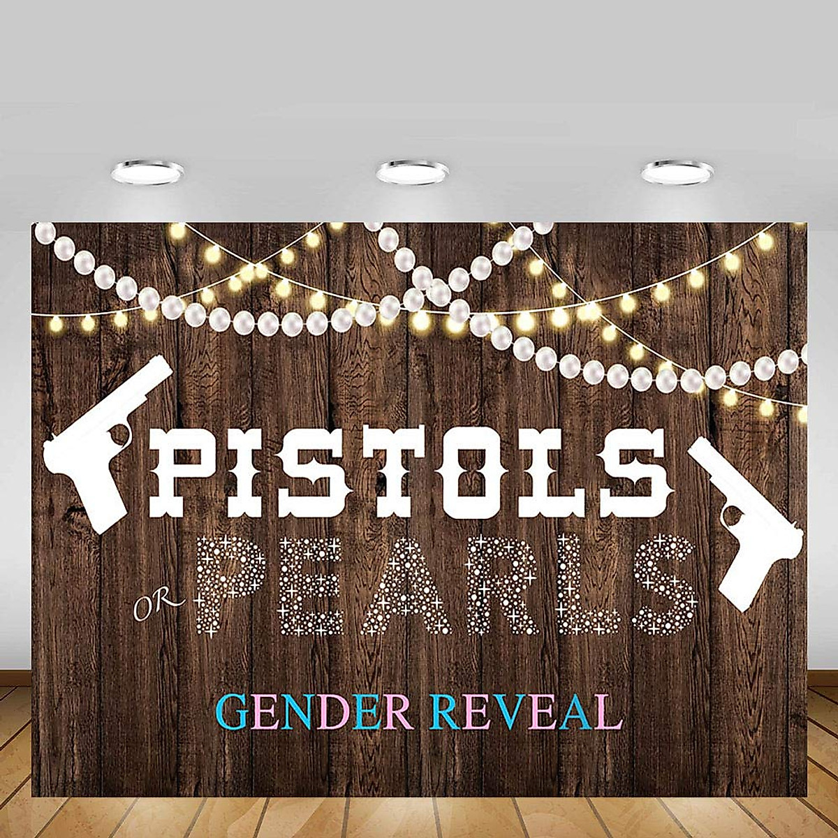 MEHOFOND Pistols or Pearls Gender Reveal Baby Shower Party Photo Background Props Rustic Wood Glitter Lights Pearls Boy or Girl Baby Shower Decoration Backdrops Banner for Dessert Table Supplies 7x5ft