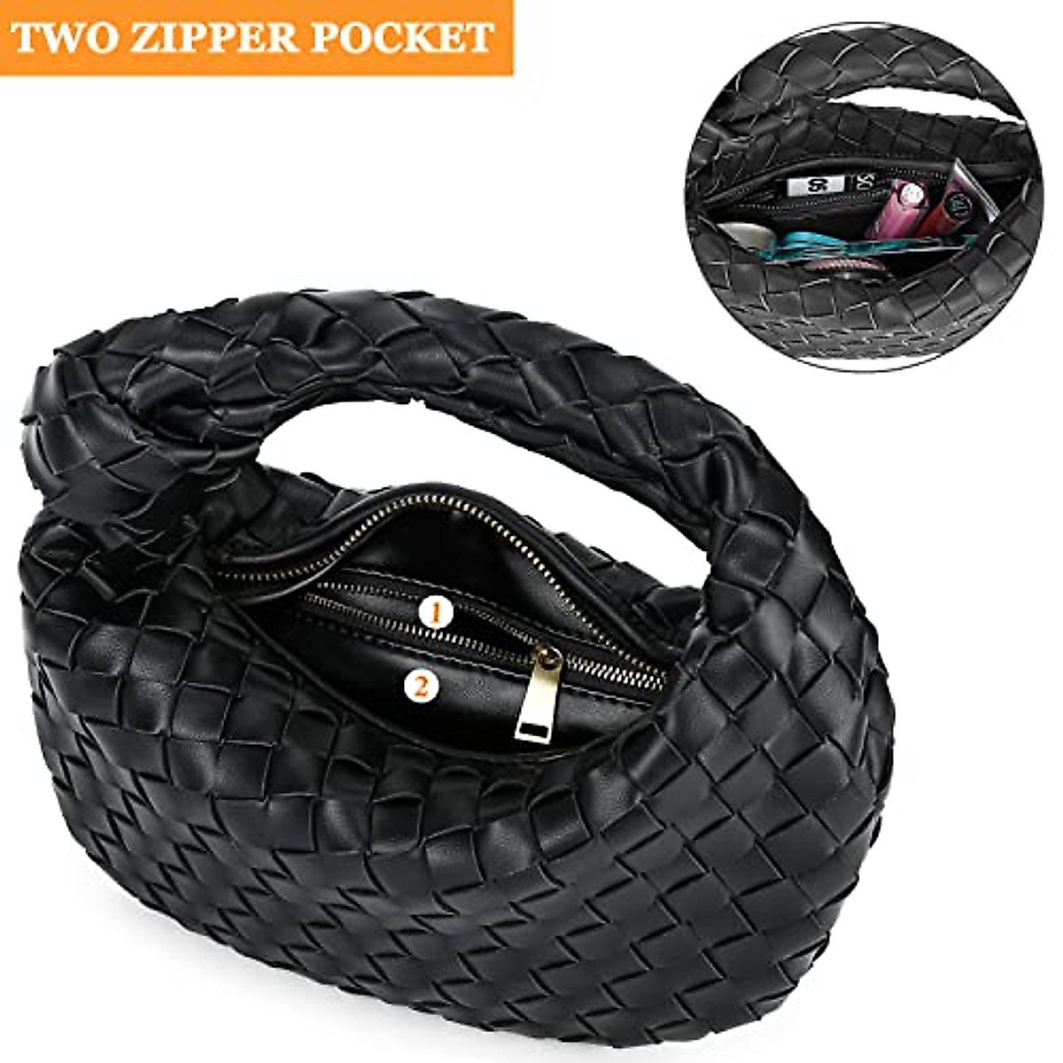 Selighting Knotted Woven Handbags for Women Faux Leather Hobo Shoulder Bag Handmade Designer Clutch Purse Dumpling Pouch Bag Black