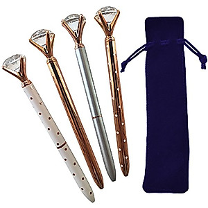 Rose Gold Diamond Pens | 4 Crystal Pens and 4 Navy Blue Velvet Gift Bags | Bling Pens Make Great Gifts for Women, Coworkers and Teachers | Beautiful Rose Gold Office Supplies