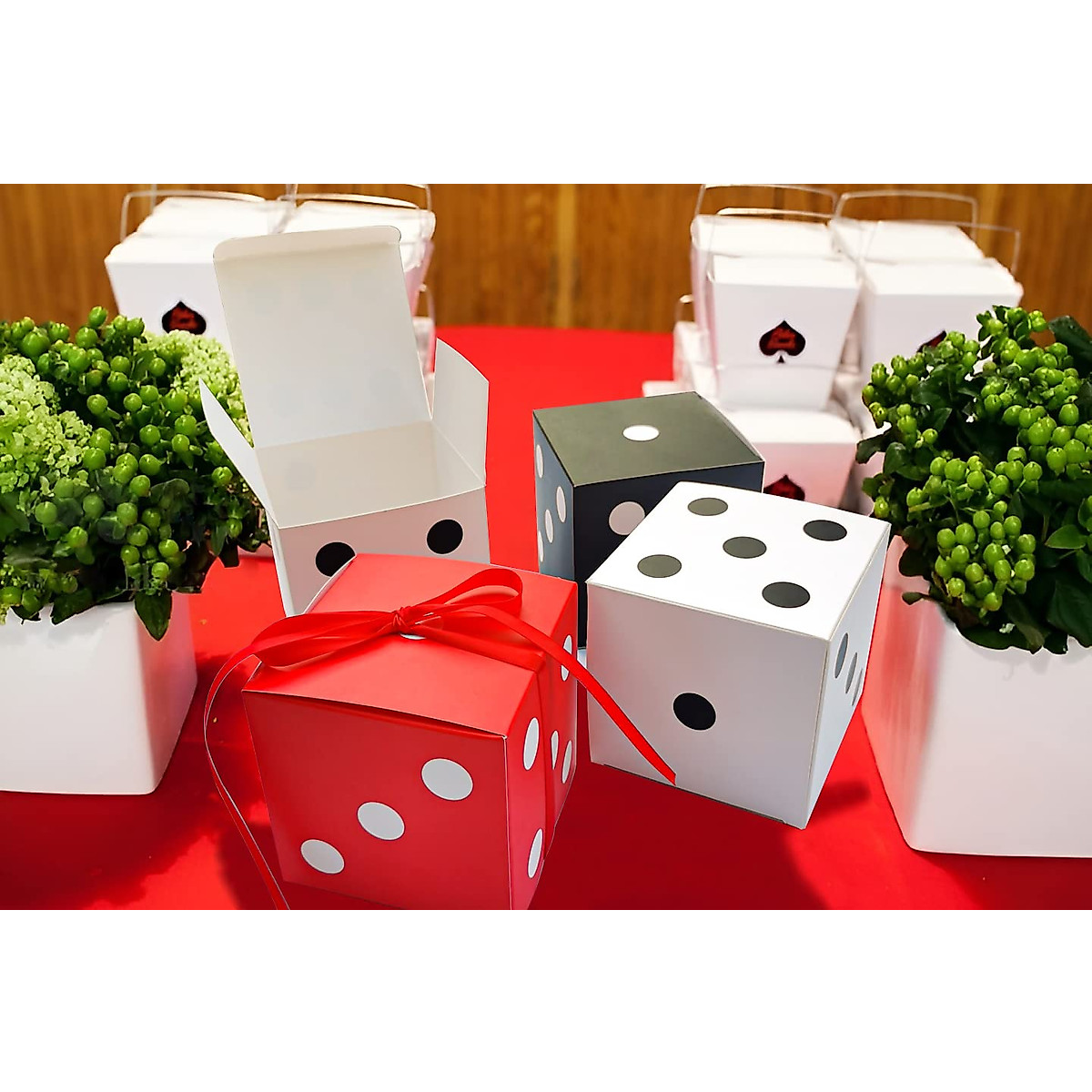 24 Pack Dice Favor Boxes 4x4x4 inches casino theme party decorations dice Boxes Bulk for centerpieces with Ribbon dice Game Night Party Decorations Casino Night Party Decoration , Black Red White