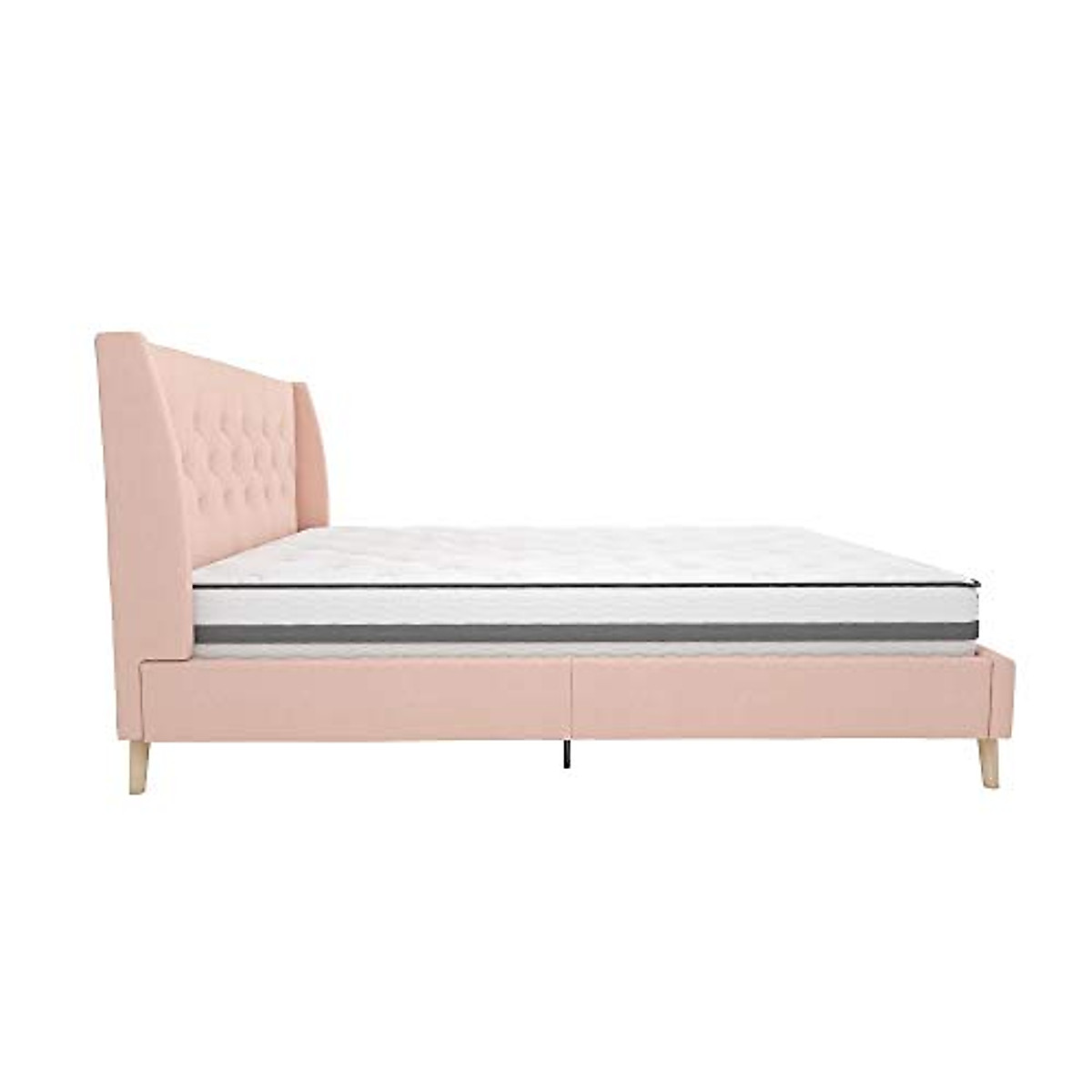 Novogratz Her Majesty Upholstered Linen Bed, Tufted Wingback Design and Wooden Legs, Queen Size - Pink Linen