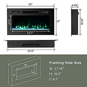 30 Inch Freestanding Electric Fireplace Inserts, Quiet Wall Mounted Fireplace, Led Fireplace for Living Room, Recessed Electric Fireplace, Linear Fireplace, Logs & Crystal, 750/1500W
