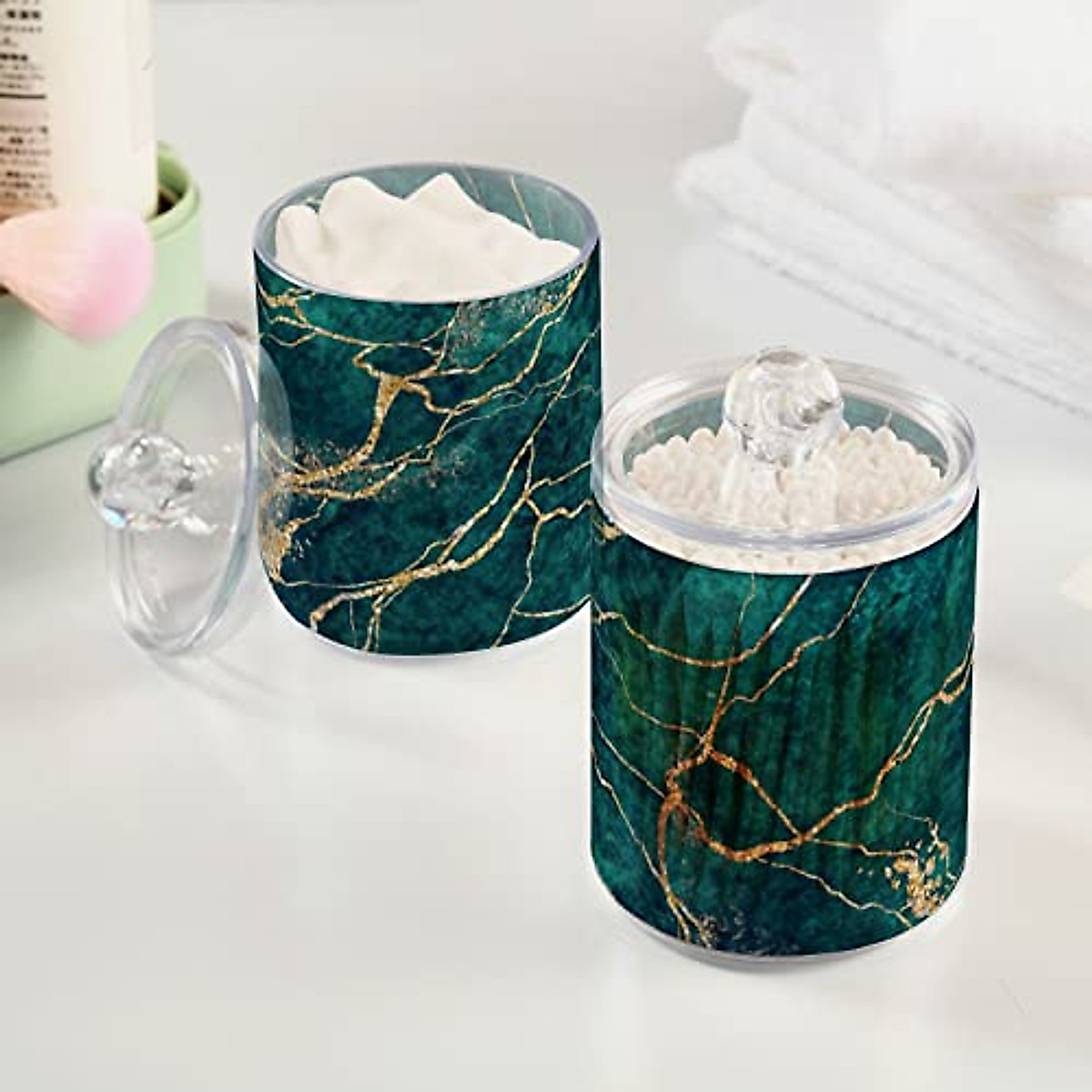 xigua 4 Pack Gold Green Marble Apothecary Jars with Lid, Qtip Holder Storage Containers for Cotton Ball, Swabs, Pads, Clear Plastic Canisters for Bathroom Vanity Organization (10 Oz)