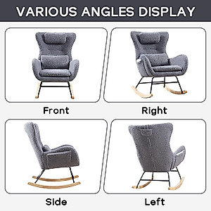 NIOIIKIT Nursery Rocking Chair, Teddy Upholstered Glider Rocker with Headrest and Lumbar Pillow, High Backrest Rocking Accent Chair with Side Pocket, Comfy Armchair for Living Room (Grey)