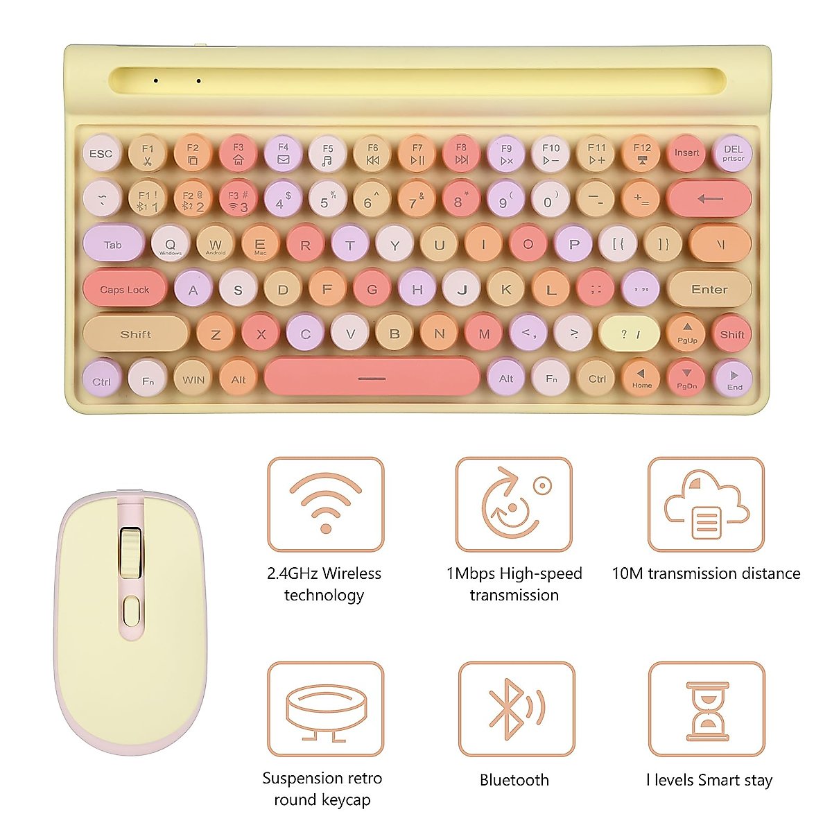 Apuode Wireless Keyboard and Mouse Combo, Bluetooth 5.0/3.0/2.4GHz, with Tablet Holder, Quiet Mute Button, Cute Retro Round Keycaps, Replaceable Battery, for PC, Mac, Laptop, Tablet