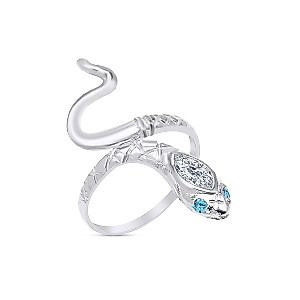 AFFY 14k White Gold Over Sterling Silver Simulated Aquamarine With Cubic Zircinia Snake Band Ring Jewelry For Ladies, Ring Size 6.5