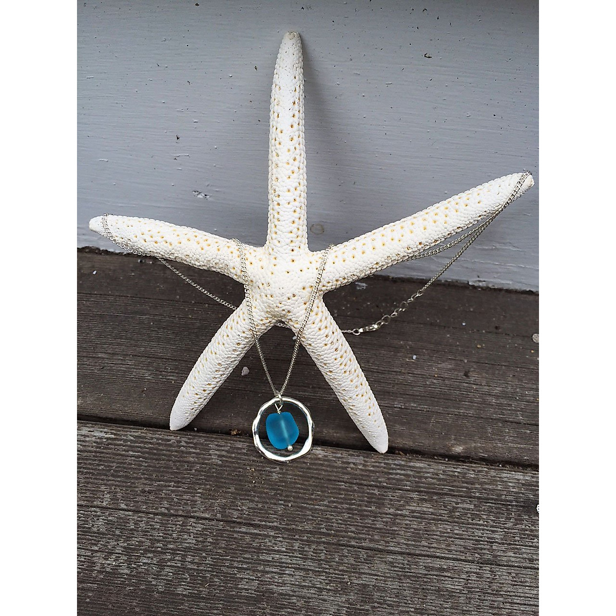 Ocean Waves Sea Glass Pendant Necklace, with sterling silver chain,Handmade Silver Plated Hoop with TumbledTurquoise Sea Glass