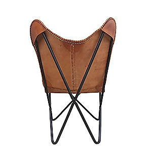 Classy Handmade Leather Living Room Chairs-Butterfly Chair Tan Side Hand Stitch Leather Butterfly Chair-Handmade with Powder Coated Folding Iron Frame (Cover with Folding Frame)