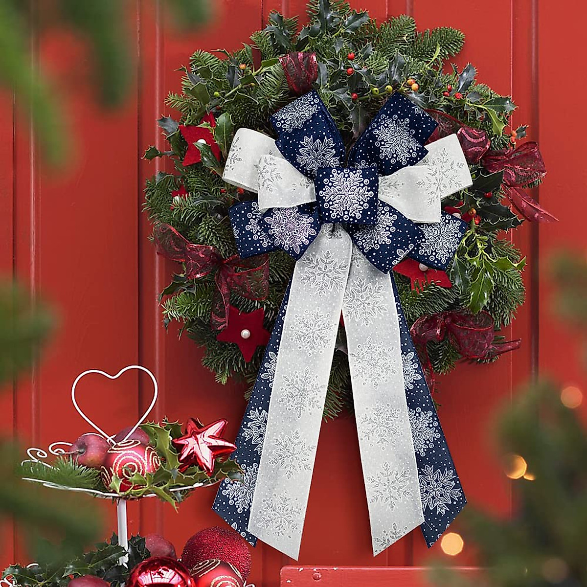 On-Airstore Large Christmas Wreath Bows, Christmas Navy Blue Snowflake Ribbon Bows for Wreaths, Large Tree Topper Bows for Christmas Home Garden Indoor Outdoor Decoration Wreath Ornament Supplies