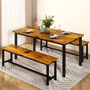 AWQM Dining Table Set with Two Benches, Kitchen Table Set for 4-6 Persons, Kitchen Table of 47.2x28.7x28.7 inches, Benches of 40.5x11.0x17.7 inches, Rustic Brown