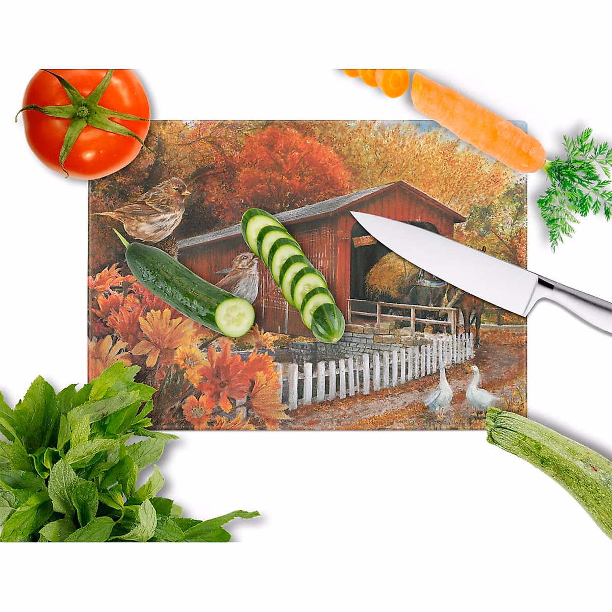 Caroline's Treasures PTW2004LCB Fall Covered Bridge Glass Cutting Board Large Decorative Tempered Glass Kitchen Cutting and Serving Board Large Size Chopping Board