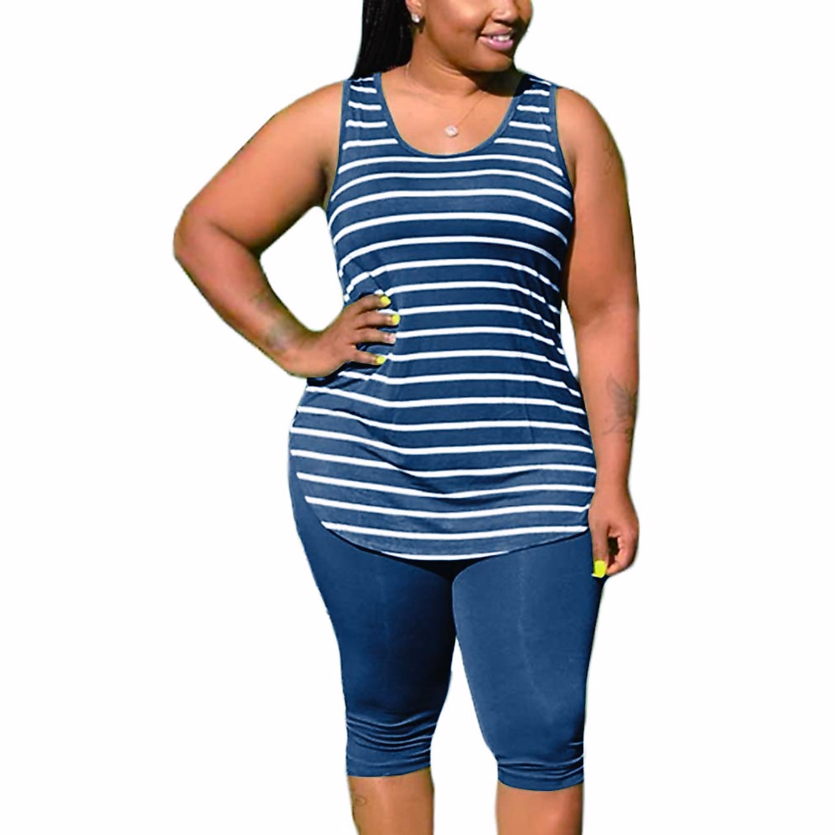 VKVKA Women's Plus Size Stripe Sets - Tank T-Shirt Tops + Elastic Shorts 2 Piece Casual Sportswear