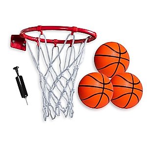 Home Decorative Mini Basketball Direct to Wall (NO Backboard Required) 9-inch Hoop with net. Bonus: 3 Mini Basketballs,Hand Pump (Red)