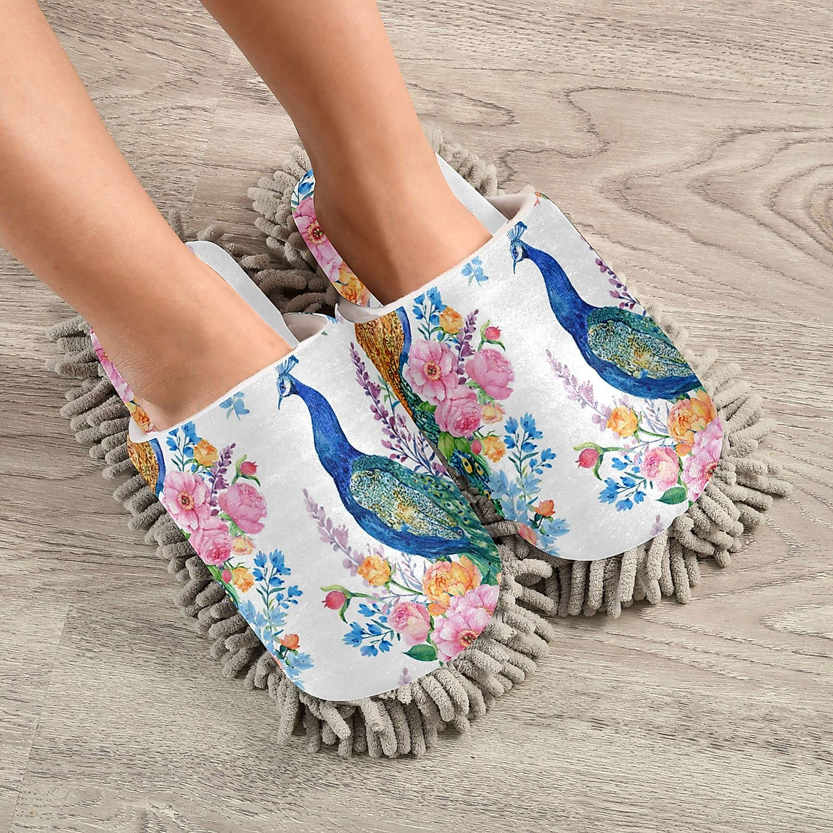 Birds Peacocks Flowers Mop Slippers Shoes Cover for Floor Cleaning Washable Dirty Hair Dust Cleaners Microfiber Mop Socks for House Kitchen Office