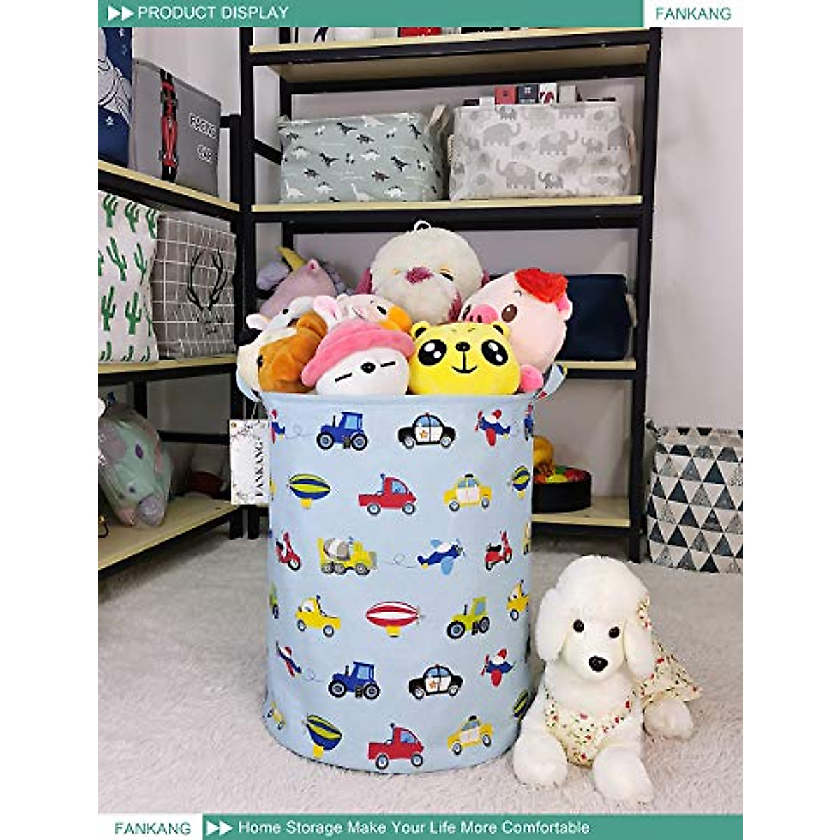 FANKANG Storage Basket, Nursery Hamper Canvas Laundry Basket Foldable with Waterproof PE Coating Large Storage Baskets for Kids Boys and Girls, Office, Bedroom, Clothes,Toys（Car）