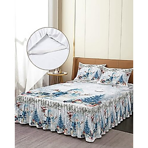 AMZRicher Snowman Wrap Around Pleated Bed Skirts for Queen Bed 60x80, Decorative Dust Ruffle Bed Sheet & Bedskirt 18'' Drop Bedspread with Pillow Case 20x30 Christmas Winter Farmhouse Ball Snowflake