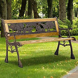 Dkeli Patio Bench Garden Bench Outdoor Bench Kids Metal Porch Chair Cast Iron Hardwood Furniture Animals, 480LBS Weight Capacity, for Park Yard Patio Deck Lawn