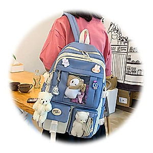 5Pcs Set Kawaii Canvas School Backpack, Cute Kids Backpack for Girls 17in with Badge, Pendant, Shoulder Bag, Pencil Box, Tote Bag, Small Bag (BLACK)