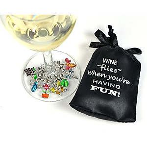 Cork & Leaf Flowers & Insects Wine Glass Markers - Set of 7, Wine Charms, Wine Accessories and Gifts, Drink Markers, Wine Glass Charms, Includes a Black Sateen Storage Bag