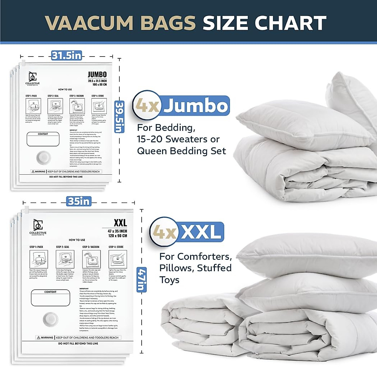 Vacuum Storage Bags 4x XXL (47x35in) + 4x Jumbo (39.5x31.5in) 8 Pack Vacuum Seal Bags for Clothing, Travel, Bedding, Blanket, Toys and Comforter Storage - Space Saver Bags for Storage and Moving