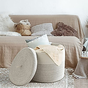 Tegance Cotton Rope Storage Basket with Lid - 16"D x 14"H Woven Round Baskets for Organizing - Large White Laundry Baskets Hamper - Living Room Basket for Nursery, Toy Bin, Clothes, Decorative Basket
