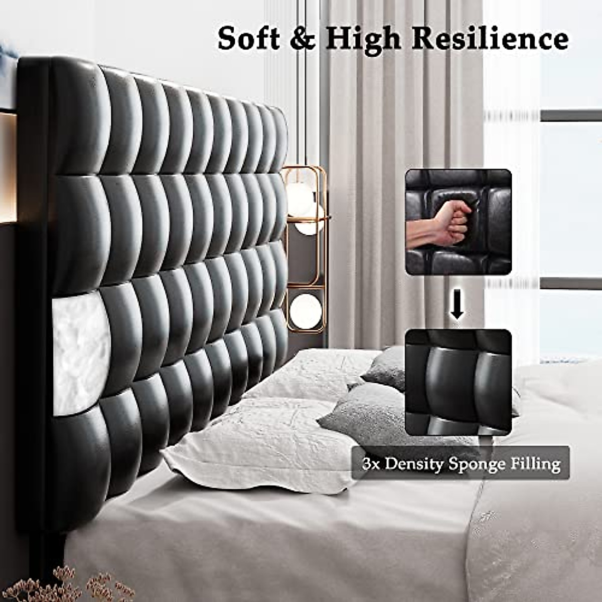 Feonase Queen Bed Frame with Square Stitched Headboard, Faux Leather Upholstered Platform Bed Frame, High-Density Sponge Filled, Solid Wood Slats, No Box Spring Needed, Noise-Free, Black