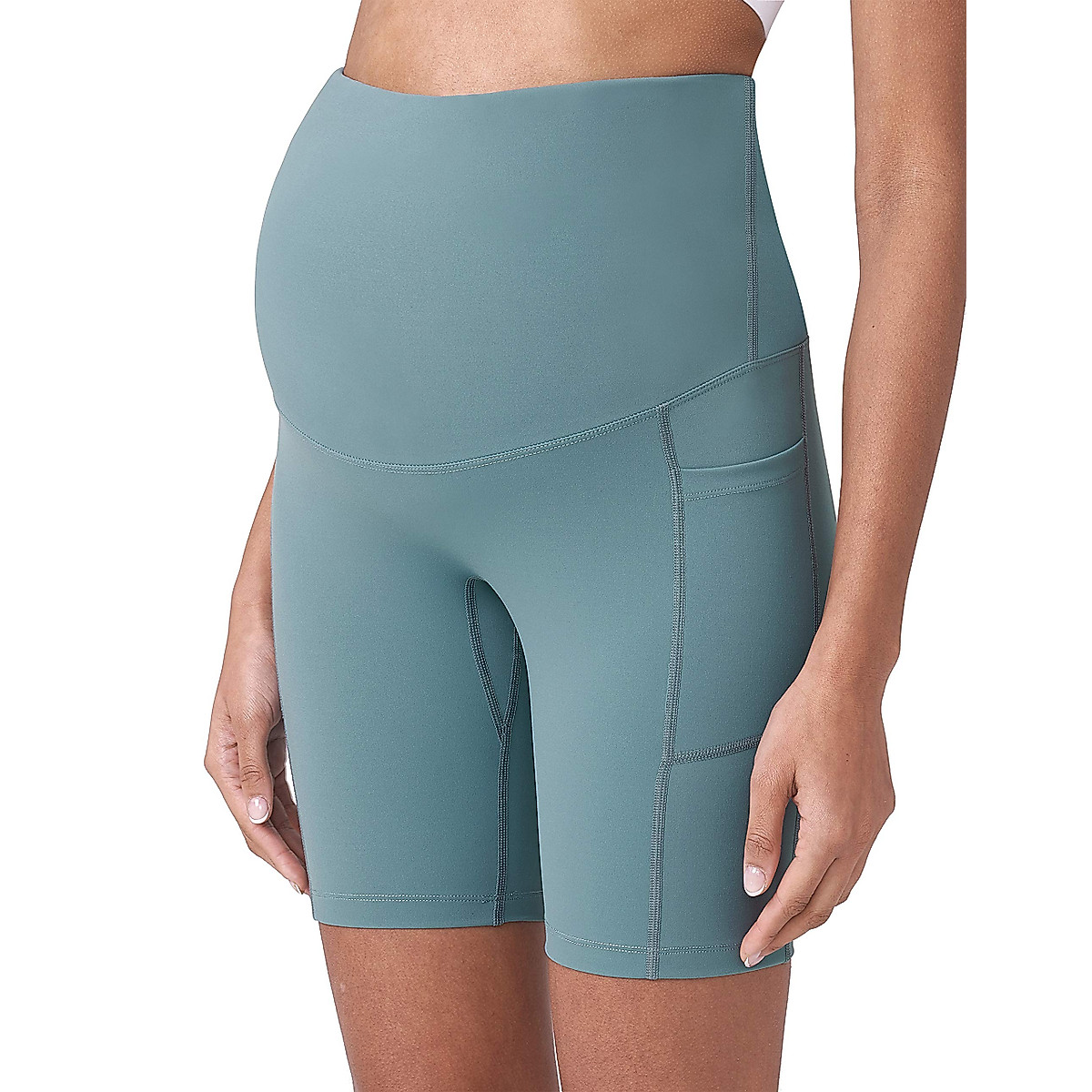 POSHDIVAH Women's Maternity Yoga Shorts Over The Belly Bump Workout Active Short Pants Light Green 8" Large