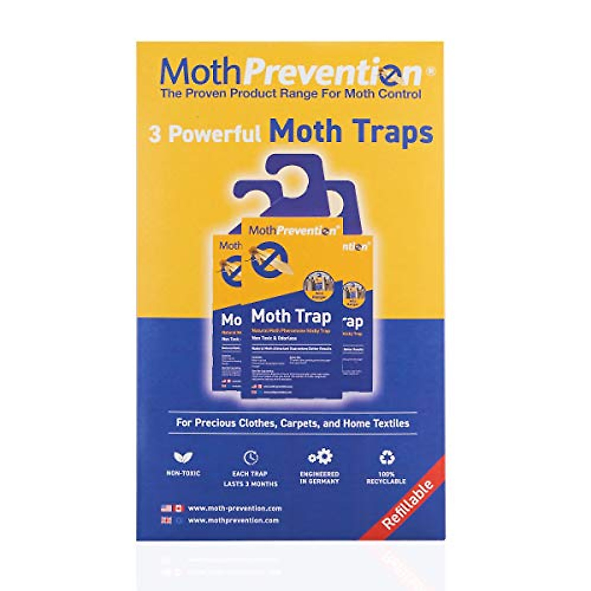 MothPrevention Powerful Clothes Moth Traps only for Clothes Closets Moths | Refillable Clothes Moth Trap | 3-Pack | Odor-Free & Natural Closet Clothing Moth Traps | Moth Pheromone Traps for House
