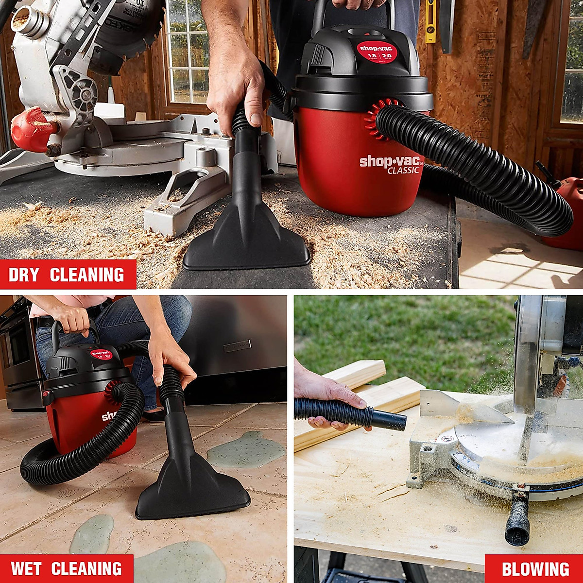 Shop-Vac 1.5 Gallon 2.0 Peak Wet Dry Vacuum, Portable Compact Shop Vacuum with Collapsible Handle Wall Bracket & Attachments, ‎2030100