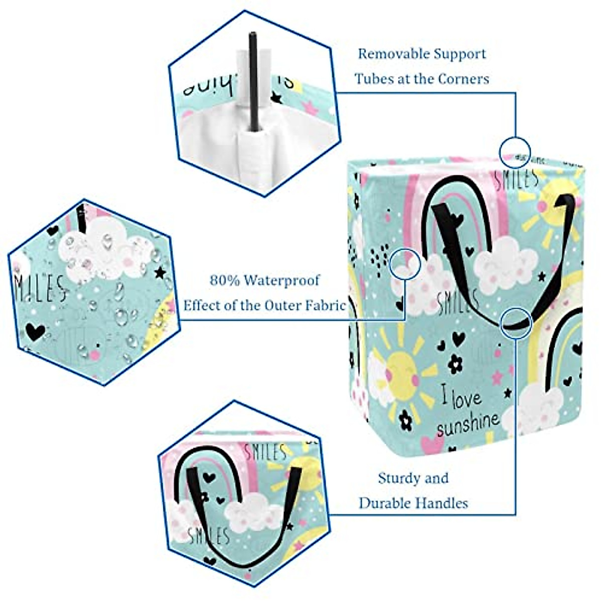 Cute Rainbow Clouds Sun Print Collapsible Laundry Hamper, 60L Waterproof Laundry Baskets Washing Bin Clothes Toys Storage for Dorm Bathroom Bedroom