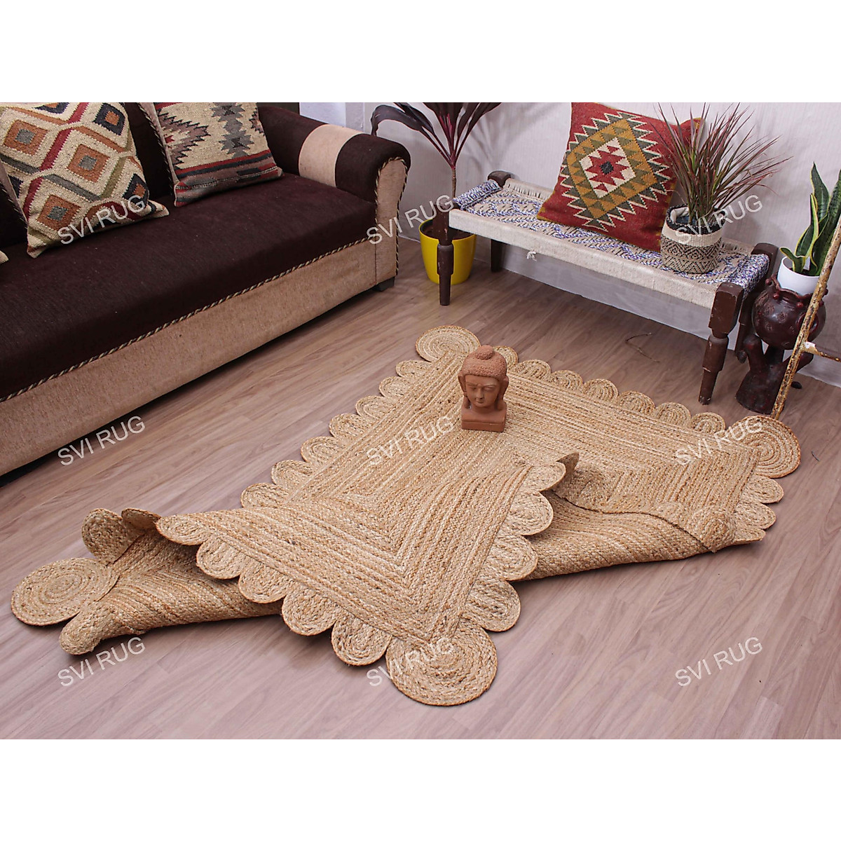 Scallop Pattern Jute Bohemian Area Rug (2' x 3')