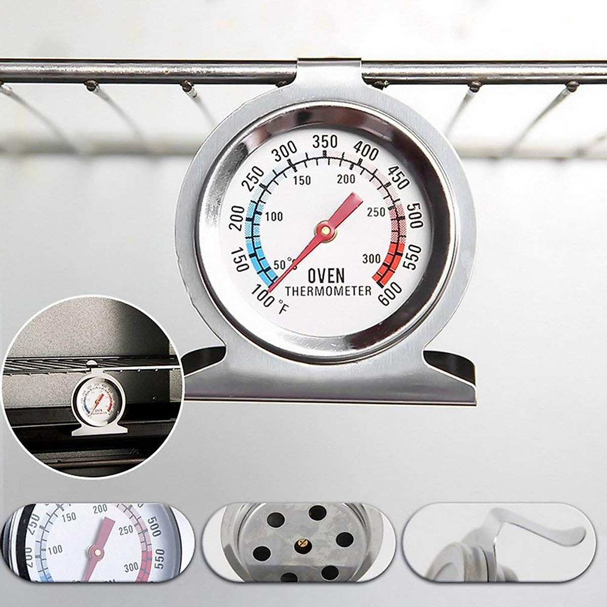 Oven Thermometer Oven Grill Fry Chef Smoker Thermometer Instant Read Stainless Steel Thermometer Kitchen Cooking Thermometer with Hook and Panel Base Hang For Kitchen Home Cooking Baking BBQ (2 Pack)