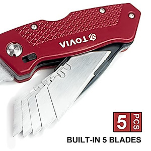 T TOVIA Heavy Duty Folding Utility Knife Quick Change Box Cutter Blades with Blade Storage Design, Extra 5 Blades Included, Box Knife for Cartons, Cardboard and Boxes…