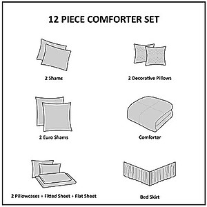 Madison Park Lavine Cozy Bed in a Bag Comforter Set, Traditional Luxe Jacquard Design All Season Down Alternative Bedding with Cotton Bed Sheets, Bed Skirt & Pillows, Queen Silver 12 Piece