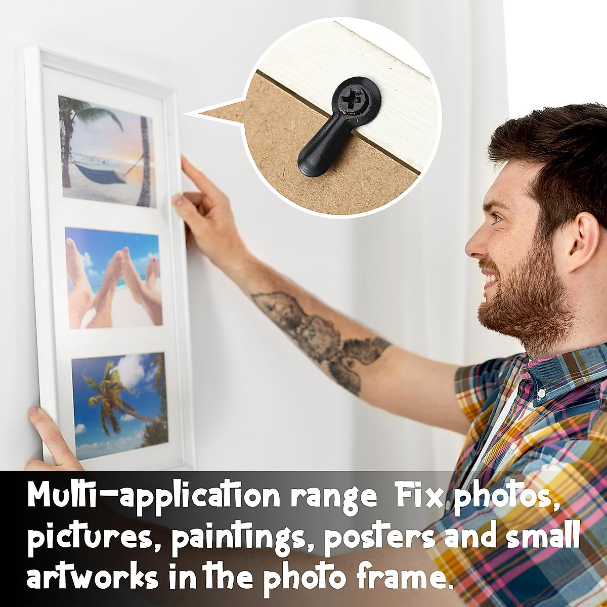 Picture Frame Hardware Backing Clips, 100 Pieces Photo Frame Turn Button Fasteners with 100 Pieces Screws Picture Framing Parts for Hanging Posters Drawing Crafts, Black