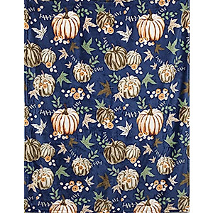 Fall Decor Throw Blanket: Soft Orange White Pumpkins Leaves and Berries on Slate Blue Background for Living Room Couch Bed Chair or Dorm