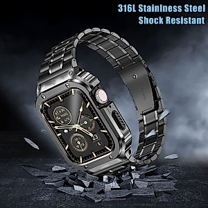 MioHHR Apple Watch Series 9/8/7(45mm) Stainless Steel Rugged Strap with Metal Protective Bumper Cover for iWatch Band Men Black Case Compatible