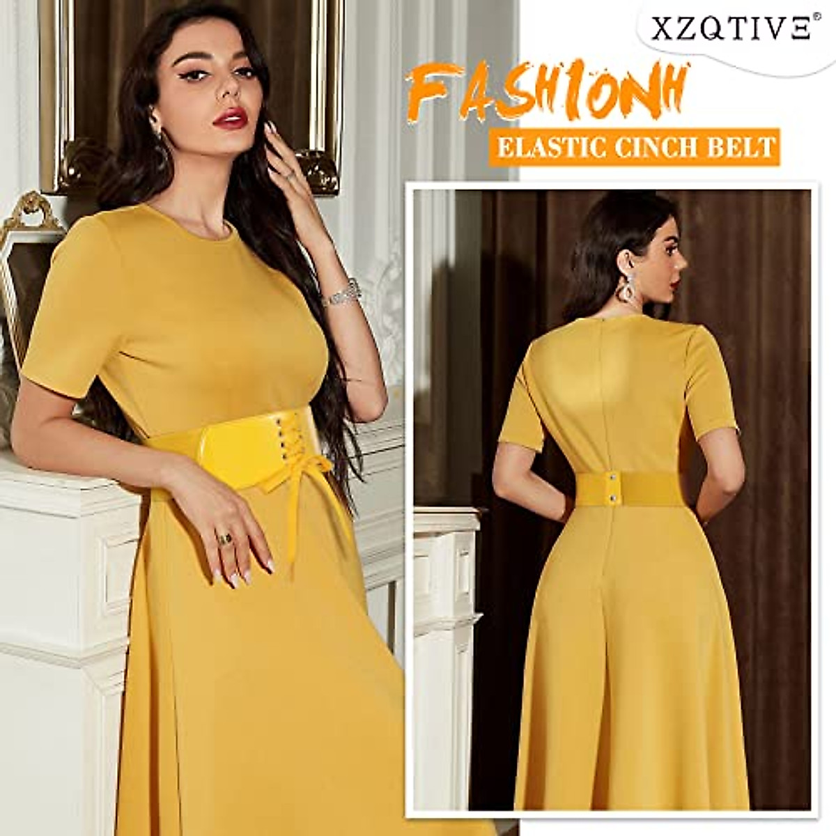 XZQTIVE Women Wide Belt for Dresses Elastic Stretchy Lace-up Cinch Belt Snap Button Tied Corset Waist Belt for Dress