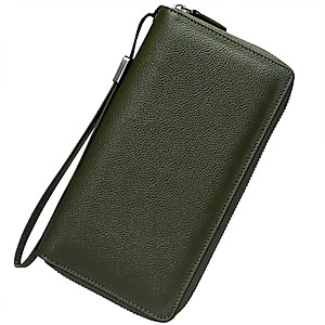 Bveyzi Women RFID Blocking Wallet Leather Zip Around Phone Clutch Large Capacity Ladies Travel Purse Wristlet (Olive Green)