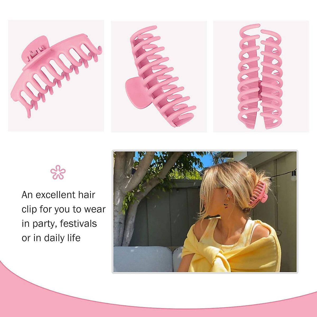 4 pcs Large Hair Claw Clips for Thick Hair - Matte Plastic Butterfly Hair Clips Strong Hold for Women and Girls French Curly Hair (Pink+Rose)