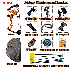 Linkboy Kid Compound Bow Set for Youth and Beginners 9-13 years Brithday Gift, Right Handed,Amounted for Shooting,Easy learning Adjustable 10-20 Lbs Archery Practice Safe arrows Passionate Orange