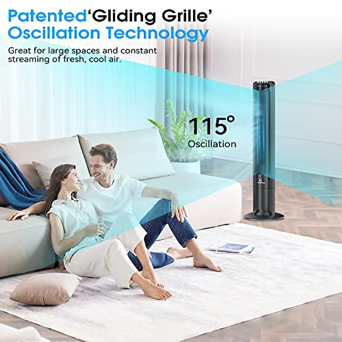Airvention 115° Oscillating Modern Tower Fan for Bedroom, 43'' Standing Fan with Remote, 7.5H Timer, 28dB Ultra Quiet Cooling Floor Fan for Home, Office or Bedroom, 3 Speeds, 3 Modes, X01A, Black