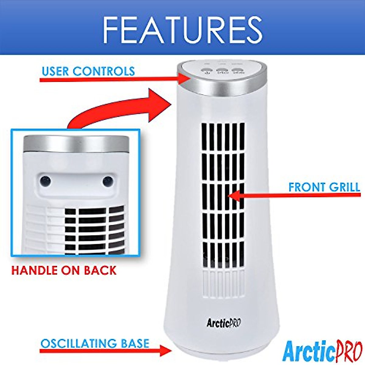 MINI DESK OSCILLATING TOWER FAN By Arctic-Pro – Slim and Compact Size, 2-Speed, Ultra-Quiet Operation, Convenient Carrying Handle, 75 Degrees of Oscillation For Powerful Circulation, 12 Inches, White