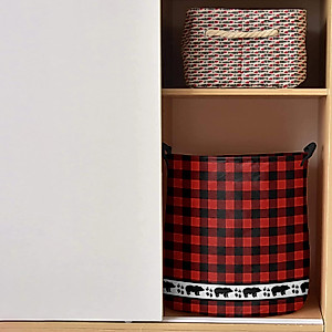 Forest Animals Large Laundry Hamper Collapsible with Handles, Waterproof Dirty Clothes Hamper Baby Nursery for Kids Room Dorm Storage, Bear Footprints with Red and Black Grid