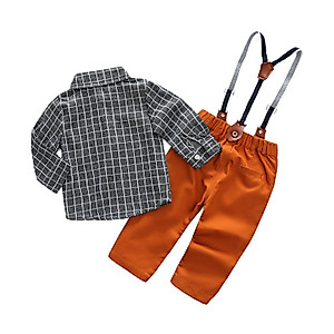 Kimocat Baby Boy Casual Suit 2pcs Cotton Long Sleeve Plaid Button-Down Shirt Pant with Suspenders Outfits Clothes Set (Gray, 2-3T)