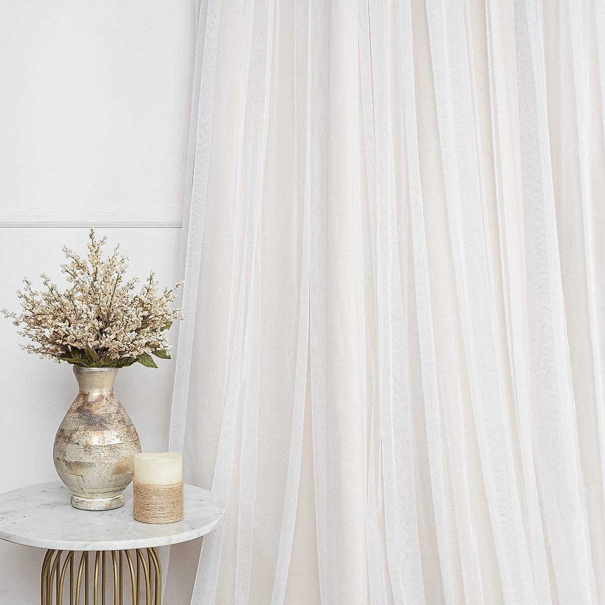 Best Home Fashion Lace Tulle Overlay Thermal Insulated Solid Blackouts - Rod Pocket - Set of 2 Panels - 52" W x 96" L - Beige