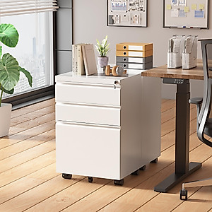 Pataku White File Cabinet 3 Drawer, Mobile File Cabinet with Lock and Wheels, Under Desk Metal Filing Cabinet for Office，Lockable Rolling Cabinet with 2 Keys for Legal/Letter/A4 Size, Easy Assemble