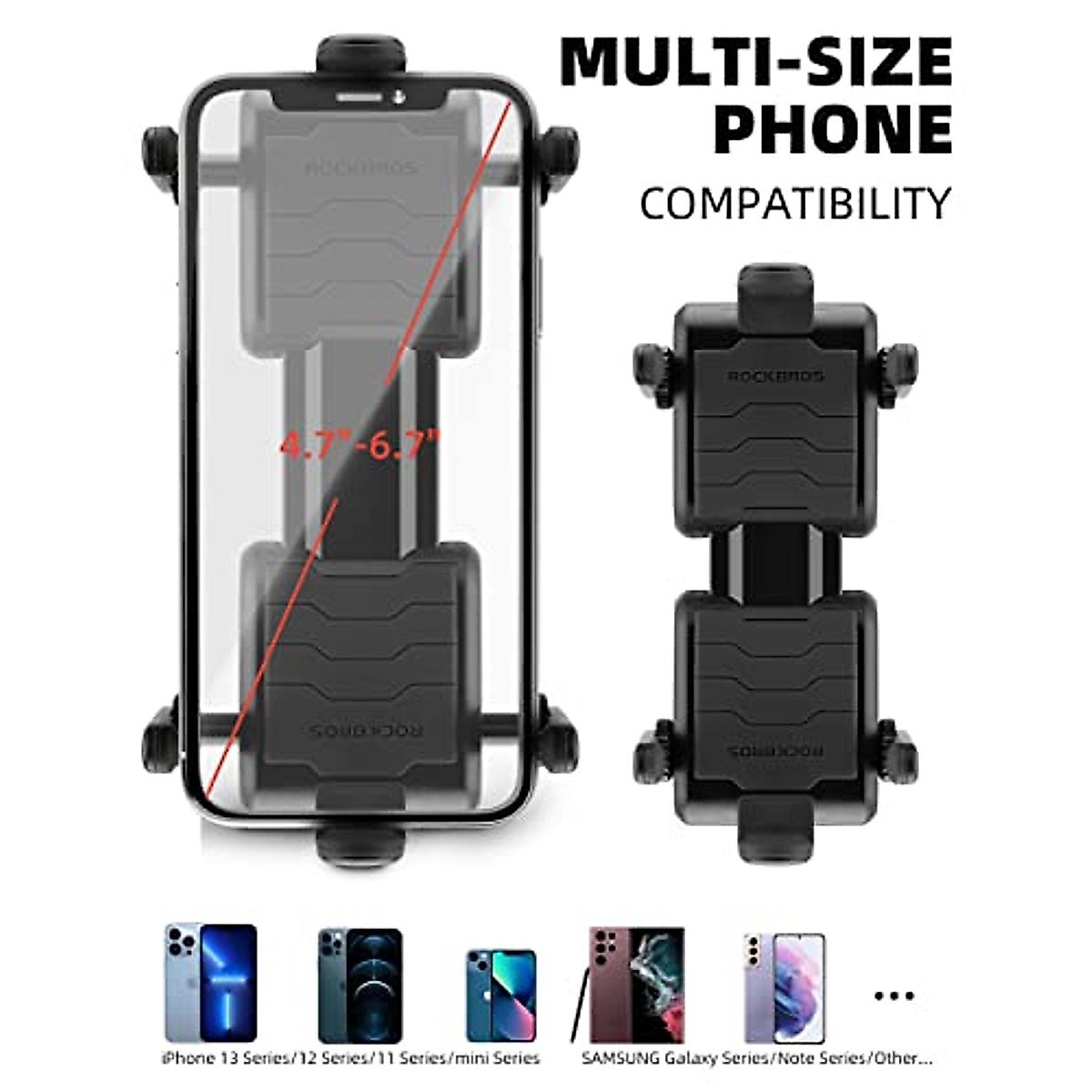 ROCKBROS Bike Phone Holder- Adjustable Motorcycle Phone Mount Handlebar Clip for Bicycle Scooter, Cell Phone Clamp for 4.1" - 6.7" Smartphones iPhone 14 Plus/Pro Max, 13 Pro Max, S9, S10 and More