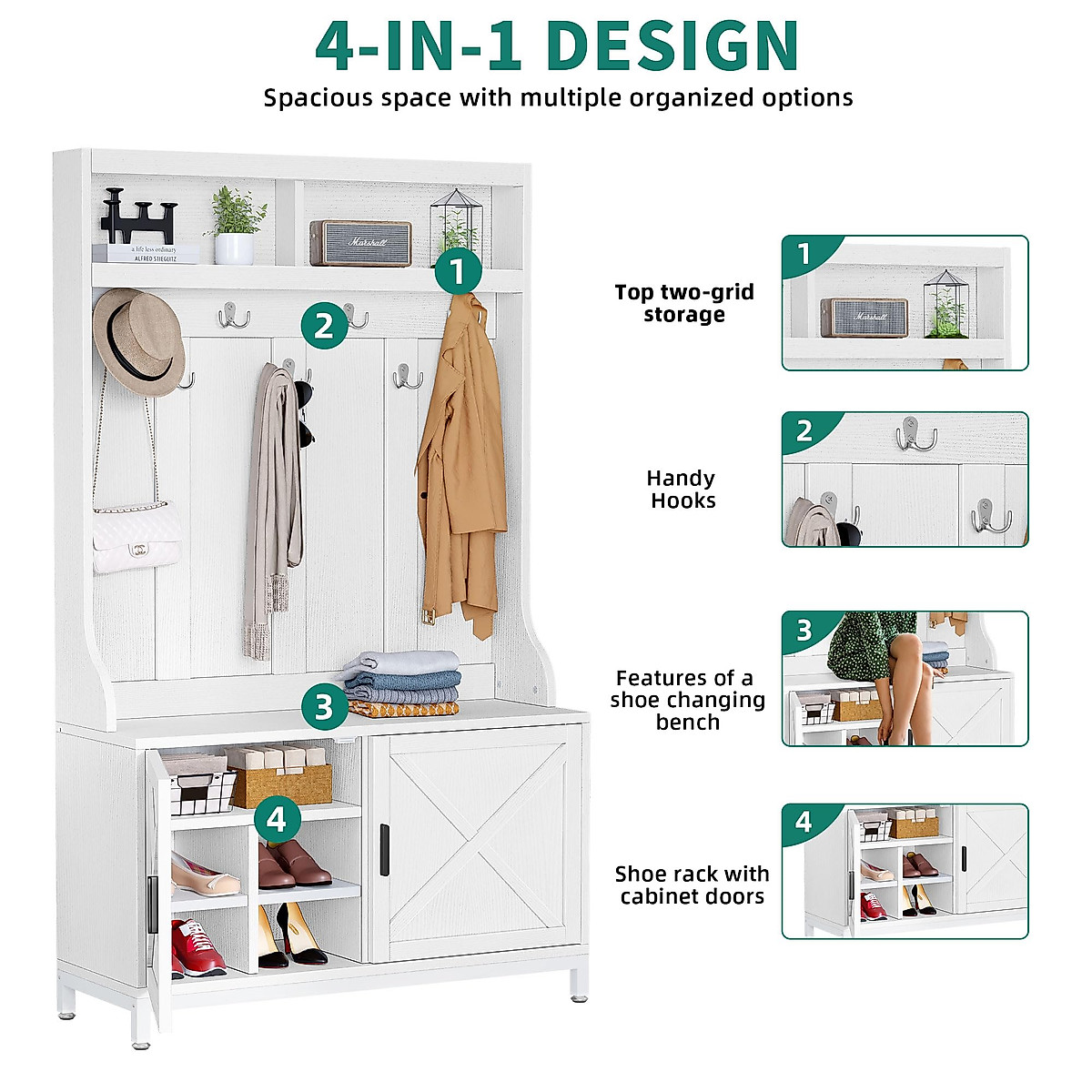 YITAHOME Entryway Bench with Coat Rack, 4-in-1 Hall Tree with Shoe Storage Bench, 7 Hooks and Bottom Shoe Cabinet for Hallway, Entryway, Bedroom, White
